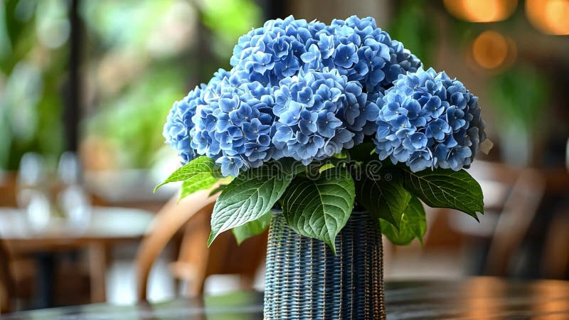 Beautiful Blue Hydrangea Bouquet on Wooden Table at a Restaurant ...