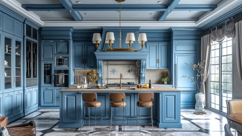 Beautiful Blue Kitchen in a Classic Style Stock Photo - Image of wood ...