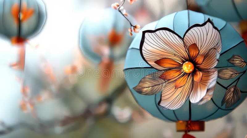 Beautiful Blue Lantern with Floral Design, Surrounded by Blossoms Stock ...