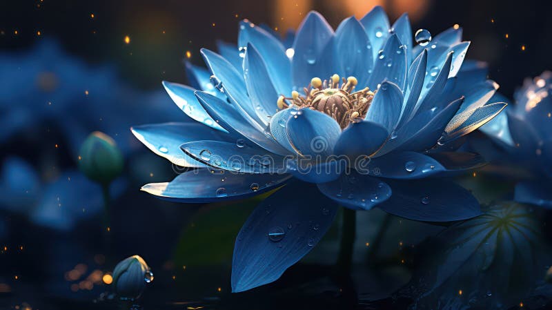 Beautiful Blue Lotus Flower with Water Drops on Dark Background Stock ...