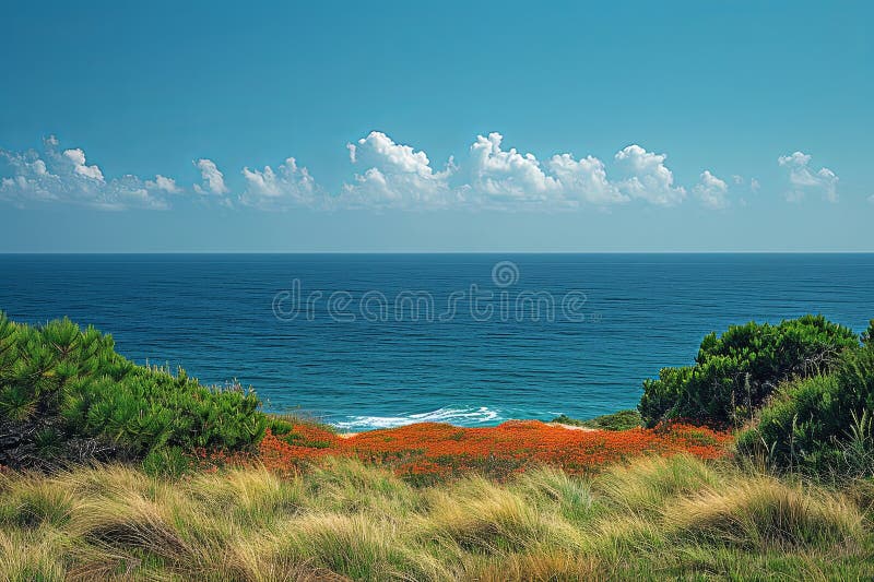 Beautiful Blue Ocean with a Red Flowers on the Grass Stock Illustration ...