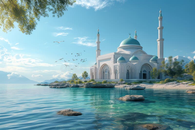 A Beautiful Blue Ocean with a White Mosque Building in the Background ...