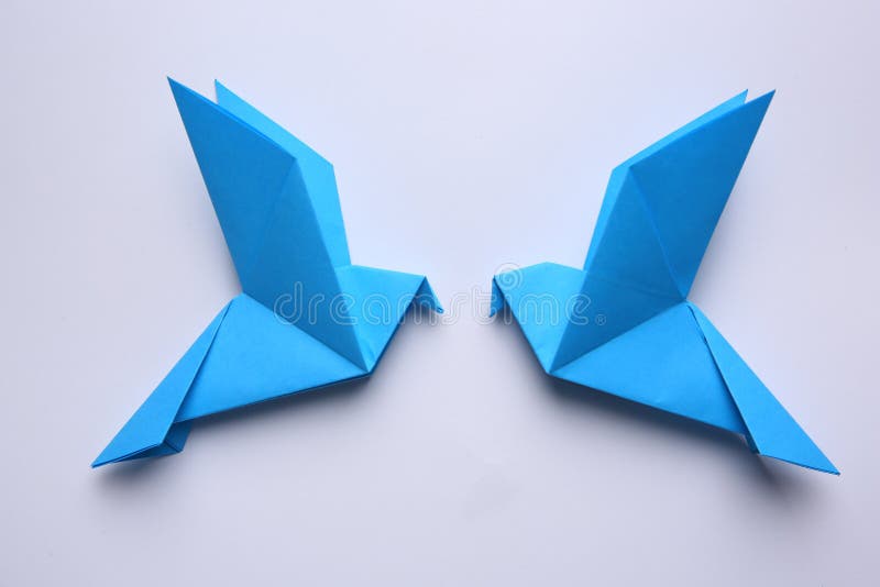 Beautiful Blue Origami Birds on White Background, Flat Lay Stock Image ...