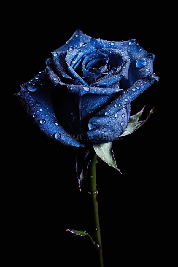 Beautiful Blue Rose with Water Drops on Black Background Stock Image ...