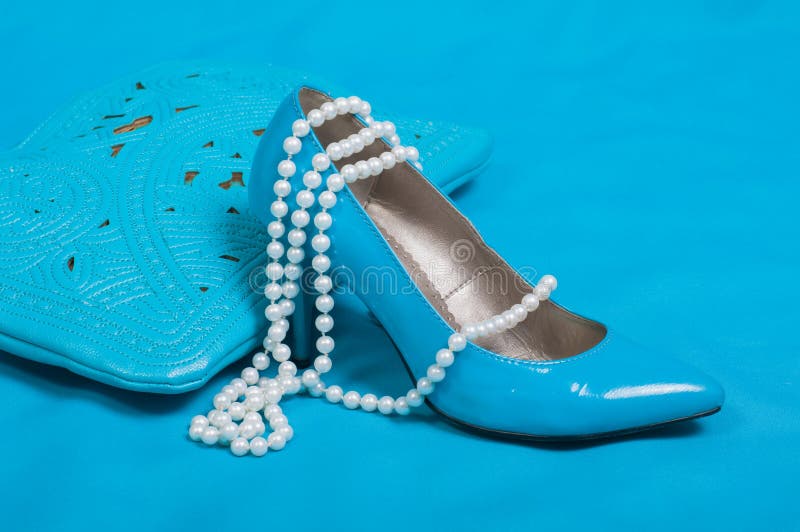 Beautiful Blue Shoes and Handbag, Pearls Stock Photo - Image of casual ...