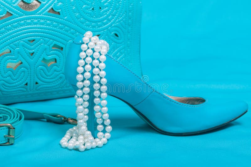 Beautiful Blue Shoes and Handbag, Pearls Stock Photo - Image of ...