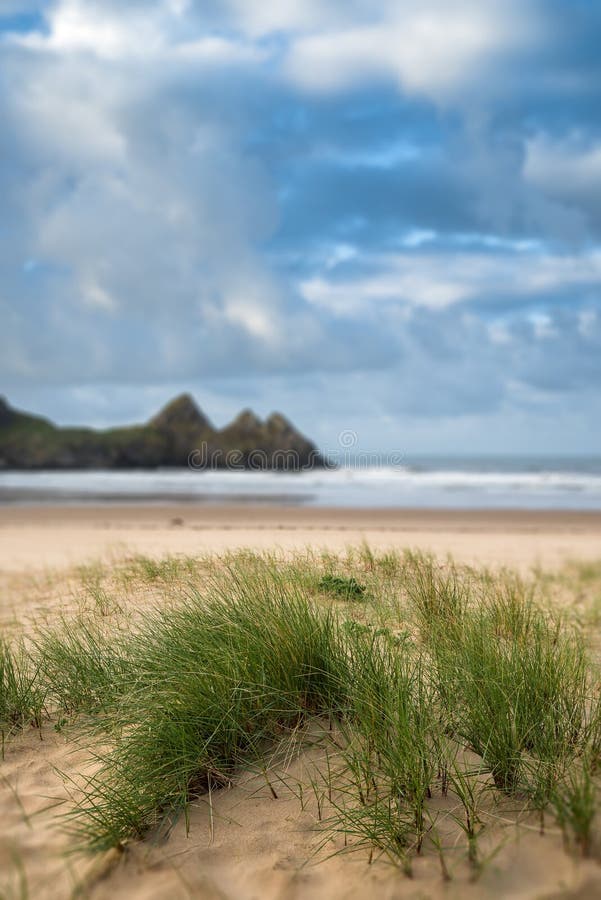 Beautiful Blue Sky Morning Landscape Over Sandy Three Cliffs Bay Stock ...