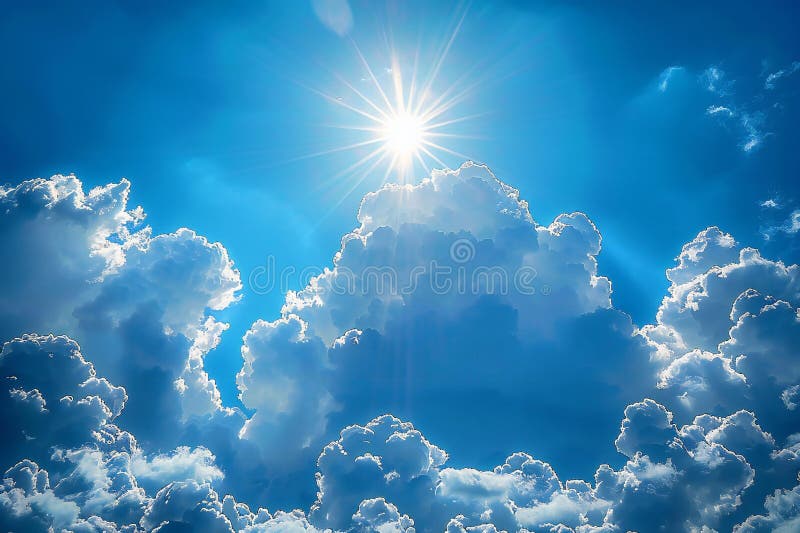 Beautiful Blue Sky with White Clouds and Sun Rays Shining through the Cloud, Heaven Background ...