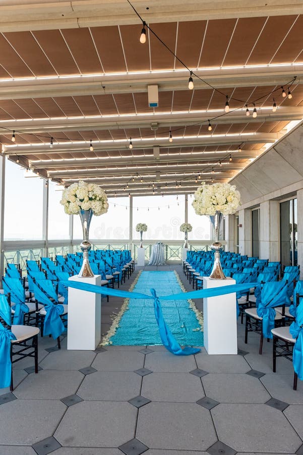 Beautiful Blue-themed Wedding Venue with Floral Decorations Stock Image ...