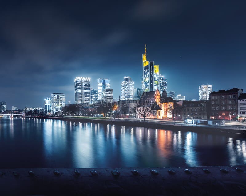 Beautiful Blue View of Frankfurt Skyline at Night from a Bridge ...