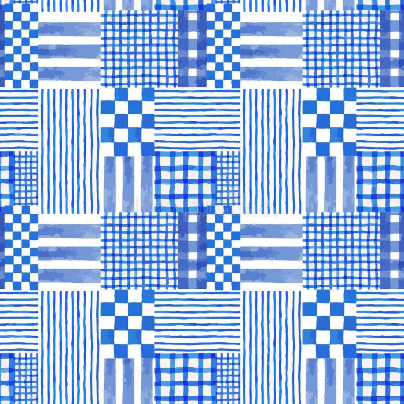 Beautiful Blue Watercolor Hand Drawn Seamless Pattern in Patchwork ...