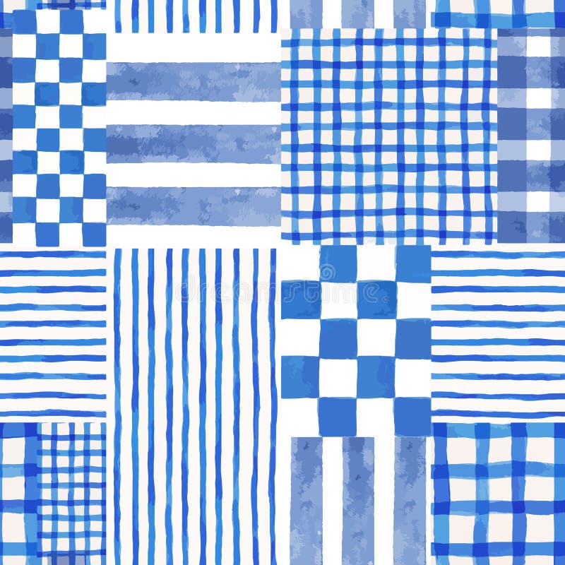 Beautiful Blue Watercolor Hand Drawn Seamless Pattern in Patchwork ...