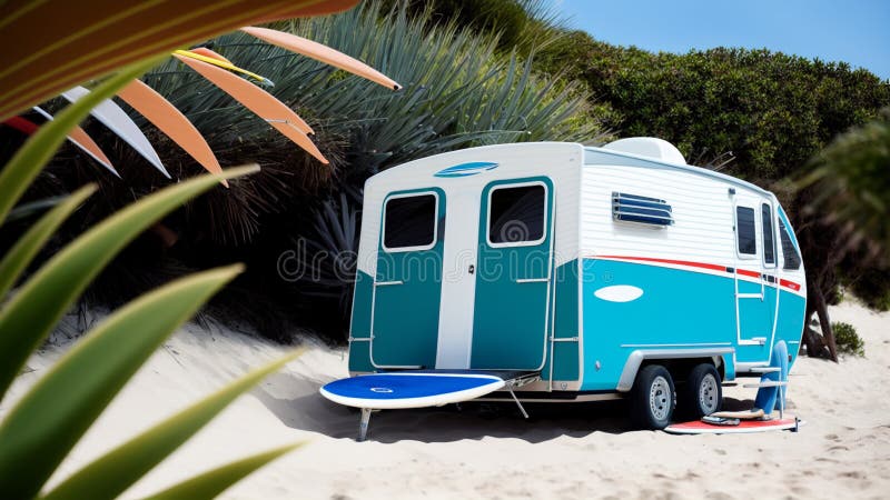 Beautiful Blue and White Caravan, Parked on the Sandy Beach Next To the ...