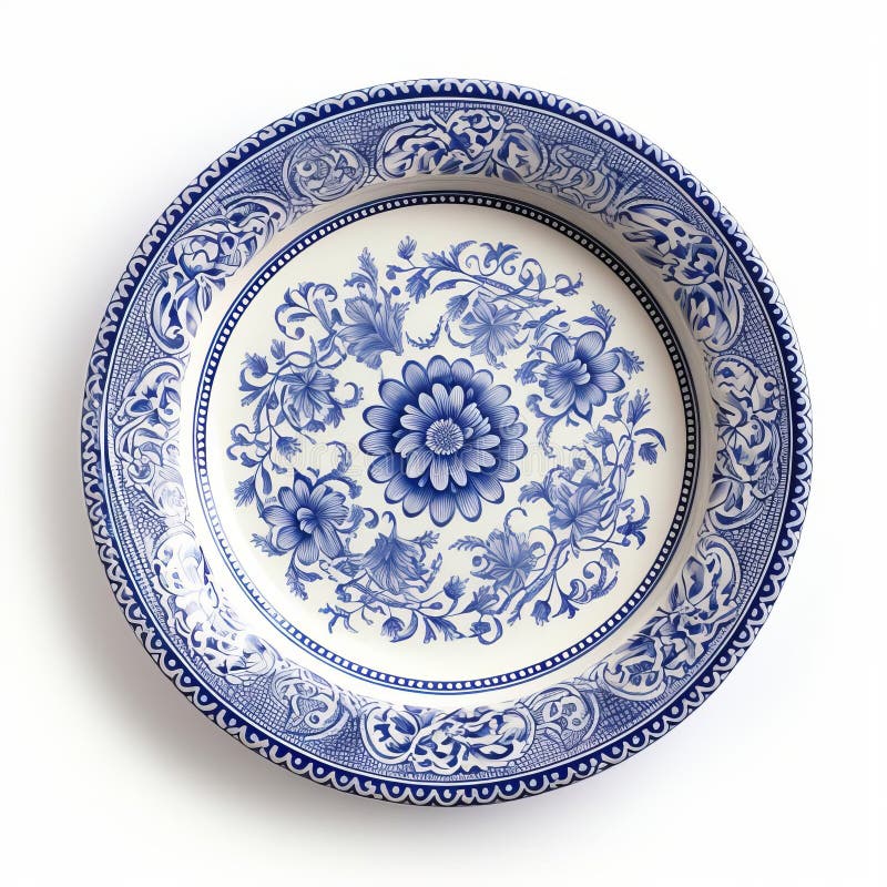 Beautiful Blue and White Floral Plate on White Background Stock ...