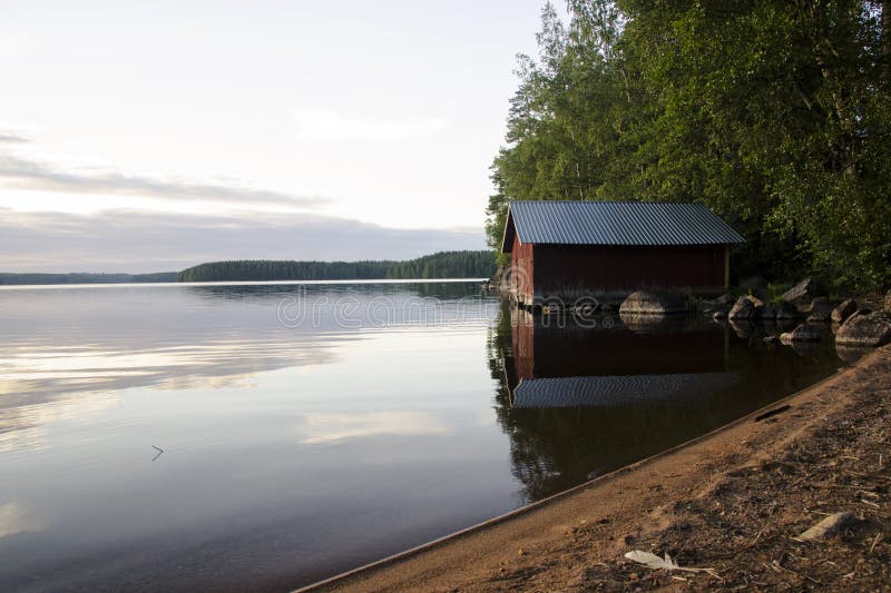 Beautiful Boathouses on the Lake at Sunset Stock Image - Image of quiet ...