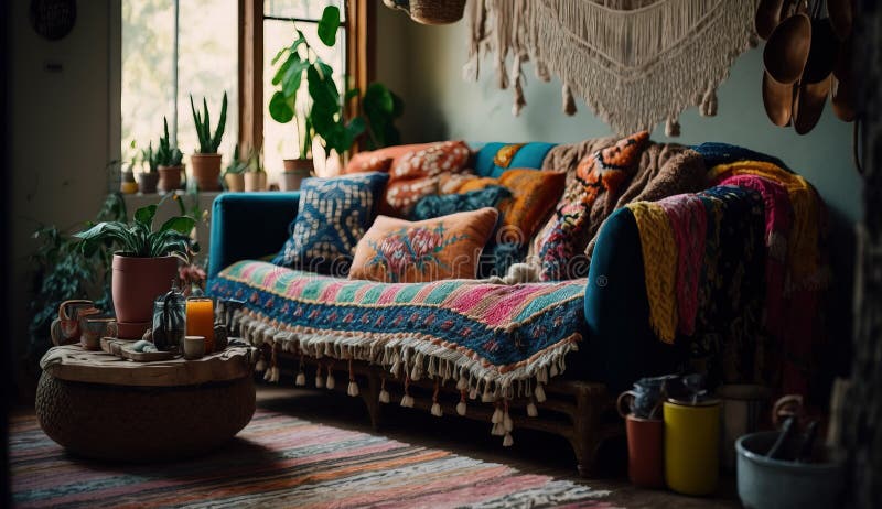 Beautiful Bohemian Living Room Interior. Generative AI Stock ...