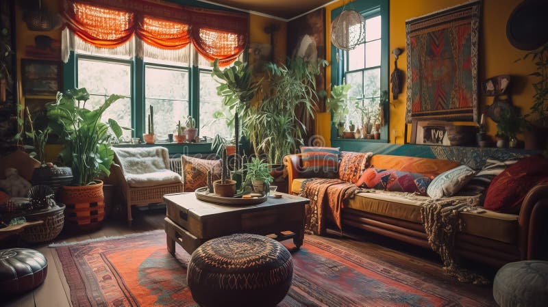 Beautiful Bohemian Living Room Interior. Generative AI Stock Illustration - Illustration of ...