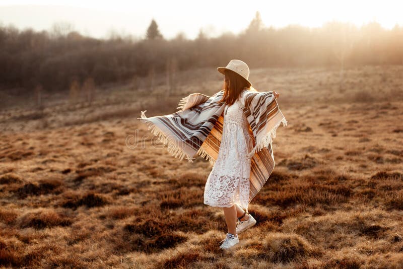 Beautiful Boho Woman Hipster Having Fun and Dancing at Sunset in Stock ...