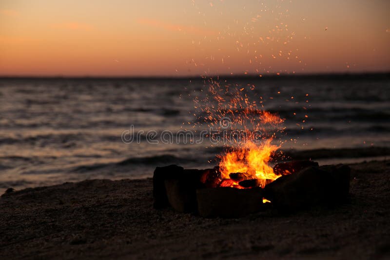 Beautiful Bonfire with Burning Firewood on Beach in Evening. Space for ...