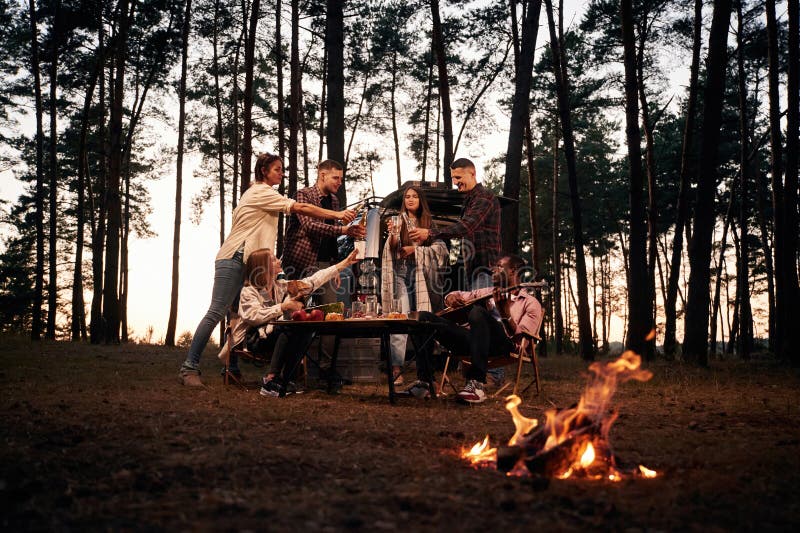 Beautiful Bonfire at Evening Time. Group of Friends are Together in the ...