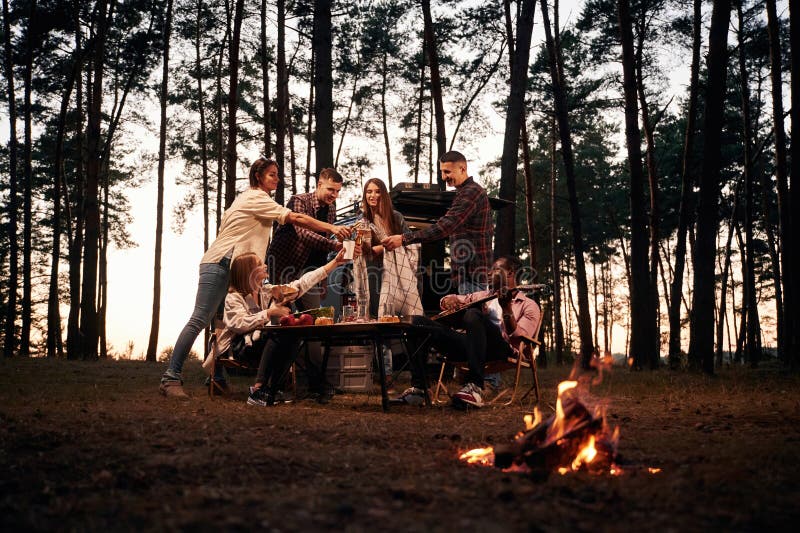 Beautiful Bonfire at Evening Time. Group of Friends are Together in the ...