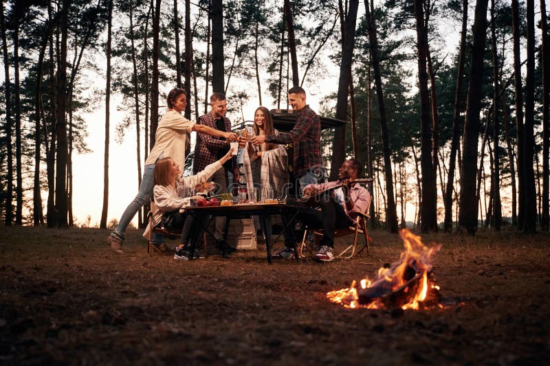 Beautiful Bonfire at Evening Time. Group of Friends are Together in the ...