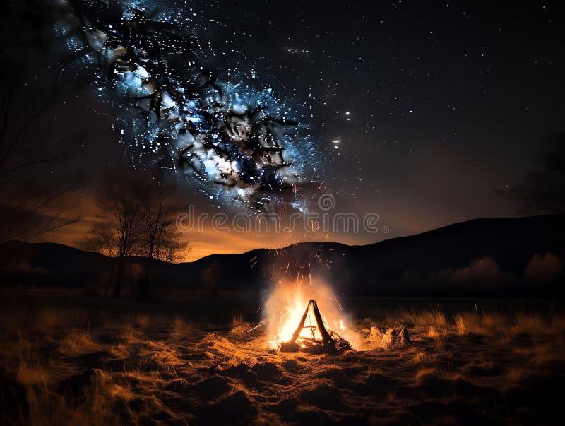 Beautiful Bonfire in the Forest at Night with Starry Sky. Made with ...