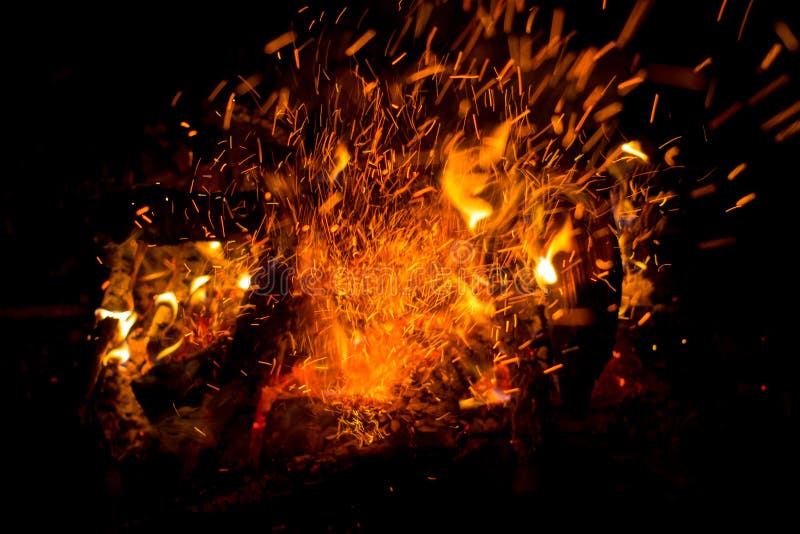 Beautiful Bonfire with Sparks Flying Upwards, View from Above Stock ...