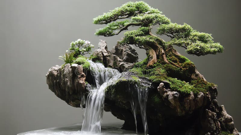 Beautiful Bonsai Tree with Cascading Waterfall Stock Illustration ...