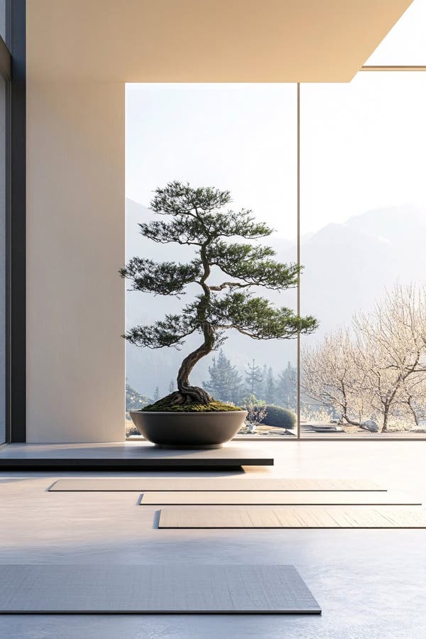 A Beautiful Bonsai Tree Sits in a Modern Interior, Framed by a ...