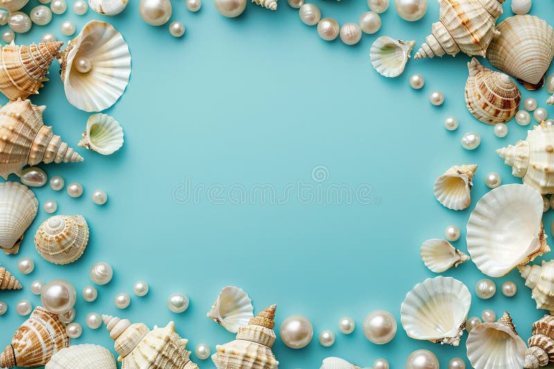 Beautiful Border Frame Template of Various Shells and Pearls on Light ...