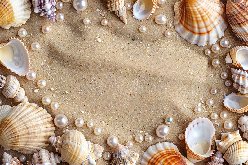 Beautiful Border Frame Template of Various Shells and Pearls on Sand ...