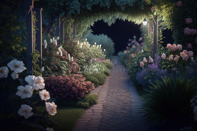 Beautiful Botanic Gardens at Night. Spring Time Stock Illustration ...