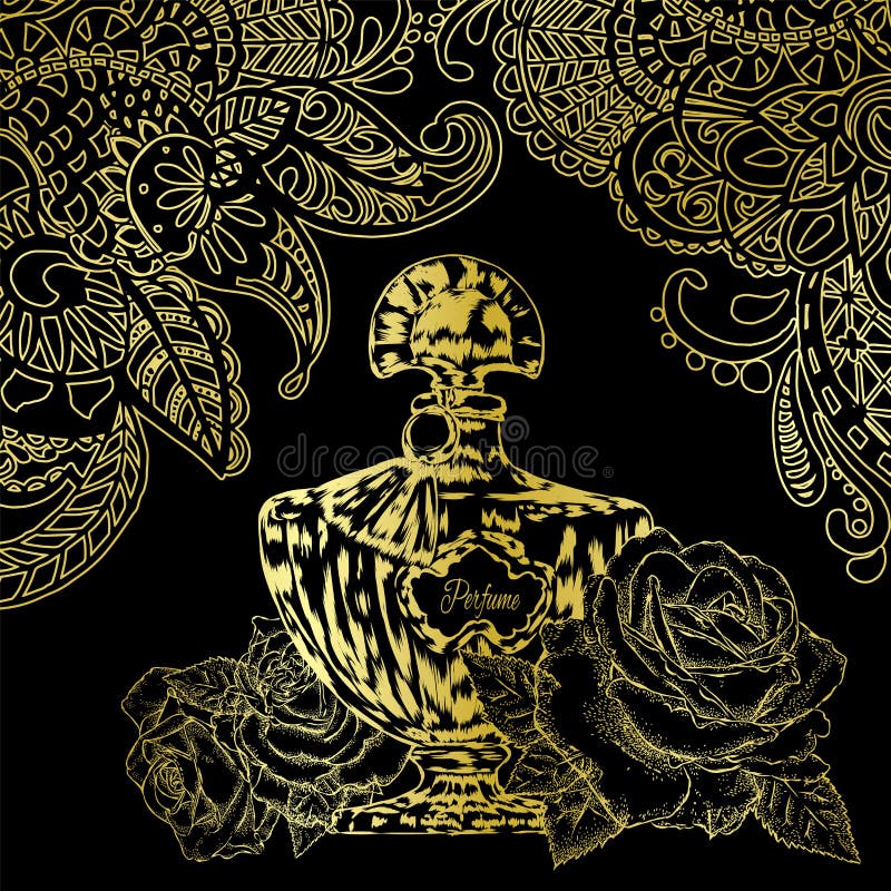 A Beautiful Bottle of Perfume and Oriental Patterns. Vector ...