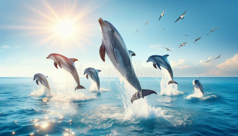 Beautiful Bottlenose Dolphins Jumping Stock Illustration - Illustration ...