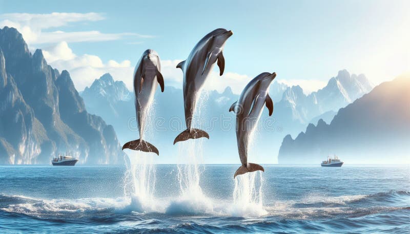 Beautiful Bottlenose Dolphins Jumping Stock Illustration - Illustration ...