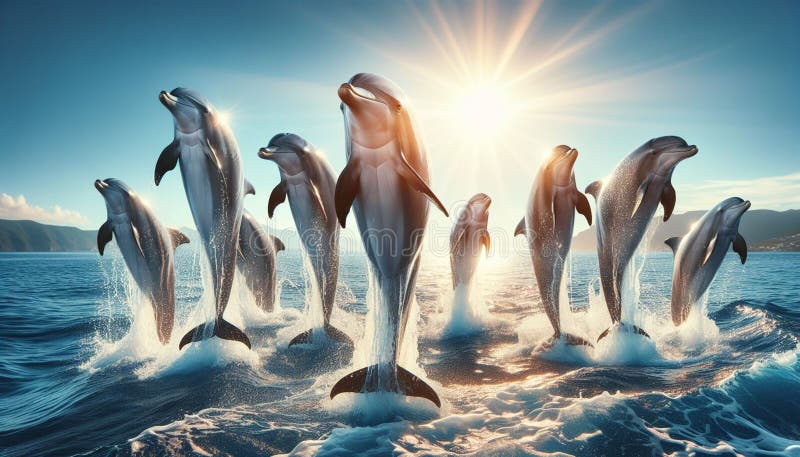 Beautiful Bottlenose Dolphins Jumping Stock Illustration - Illustration ...