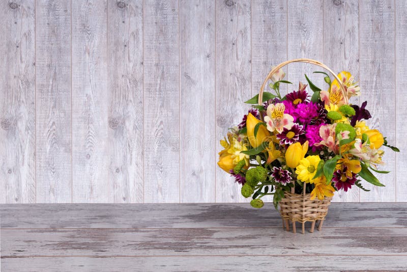 Beautiful Bouquet of Bright Flowers in Basket Stock Photo - Image of ...