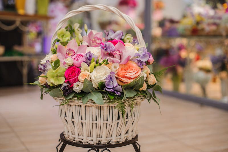 Beautiful Bouquet of Bright Flowers in Basket Stock Photo - Image of ...