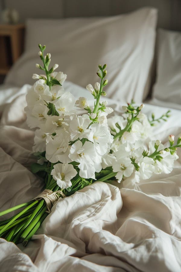 A Beautiful Bouquet of Fresh White Matthiola Flowers on a Soft Bed ...