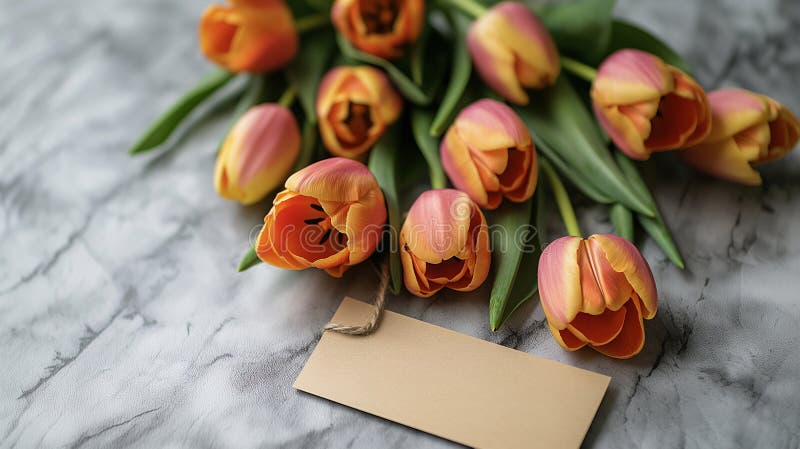 A Beautiful Bouquet of Orange Tulips with Note Paper on it Stock ...