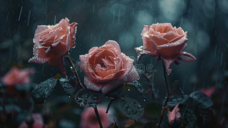 A Beautiful Bouquet of Pink Roses Gets Wet in the Rain Stock Photo ...