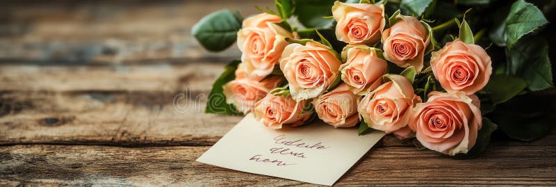 A Beautiful Bouquet of Pink Roses Rests on a Rustic Wooden Table ...