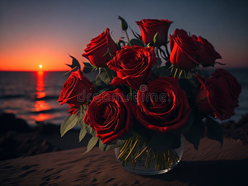 Red Roses Bouquet on Beach at Sunset Stock Illustration - Illustration ...