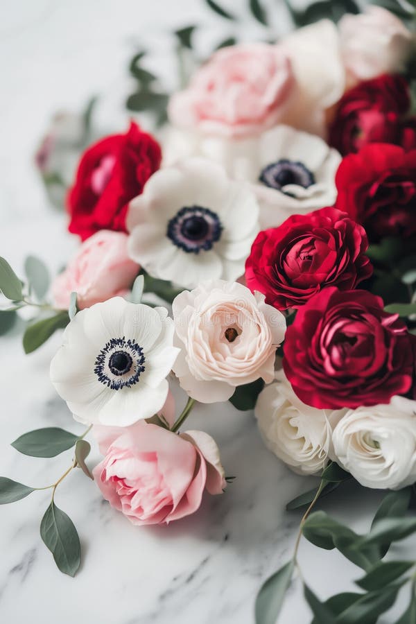 Beautiful Bouquet of Roses, Ranunculus and Anemones. Stock Illustration ...