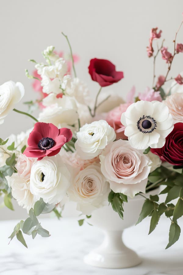 Beautiful Bouquet of White, Pink and Red Roses and Anemones. Stock ...