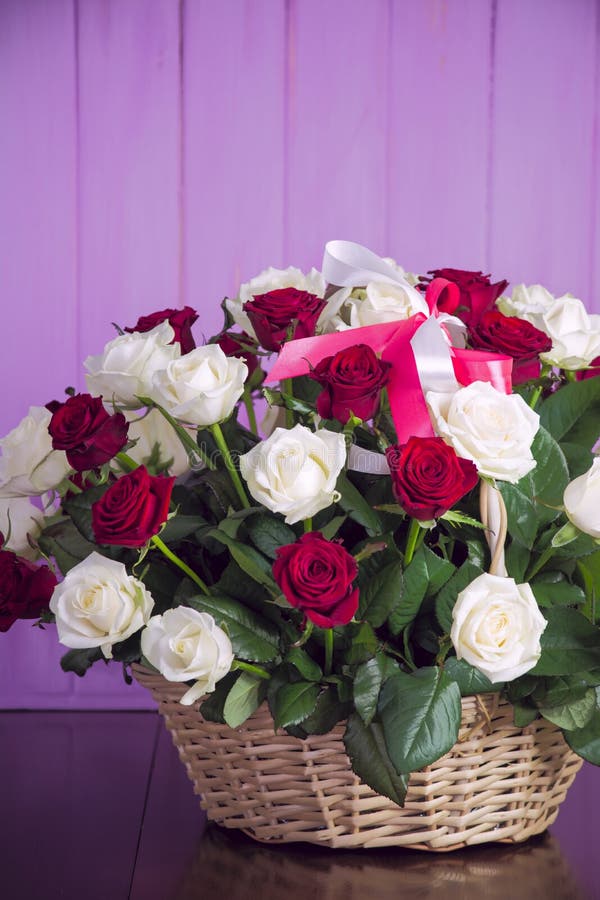 Beautiful Bouquet of Roses and a Wooden Basket Stock Image - Image of ...