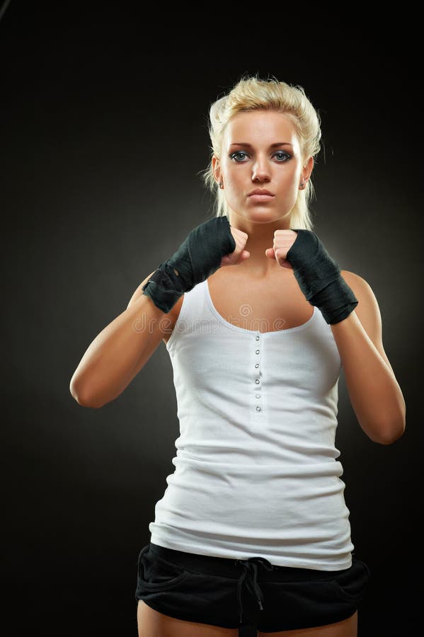 Beautiful Boxer Girl with Black Bandage on Hands Stock Image - Image of ...