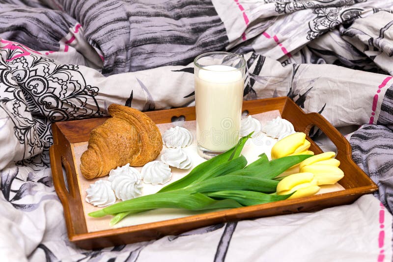 Beautiful breakfast in bed stock photo. Image of products - 68571352