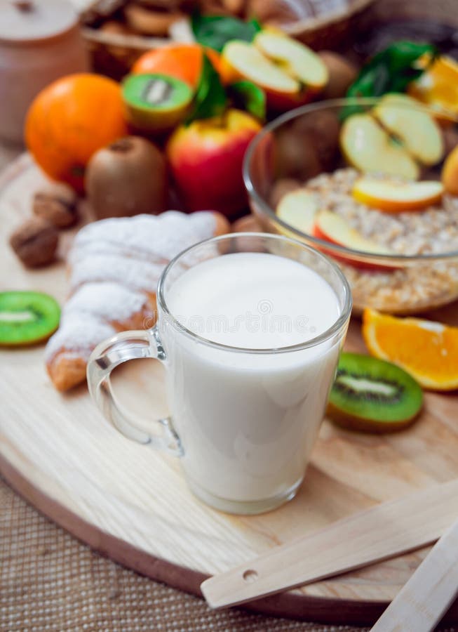 Beautiful Breakfast. Milk Fruits, Bread and Croissant Stock Image ...